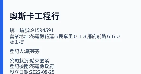 奧斯卡工程行的照片-統編 91594591(花蓮縣) 公司登記資料與營業項目詳細圖表