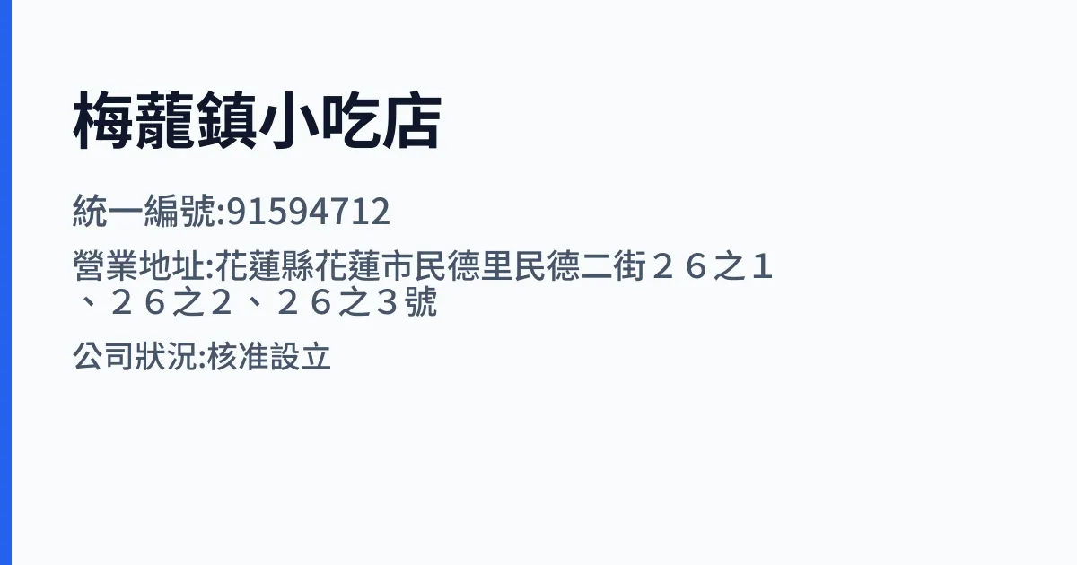 梅蘢鎮小吃店 - 統編 91594712(花蓮縣) 公司登記資料與營業項目詳細圖表