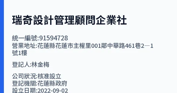 瑞奇設計管理顧問企業社的照片-統編 91594728(花蓮縣) 公司登記資料與營業項目詳細圖表