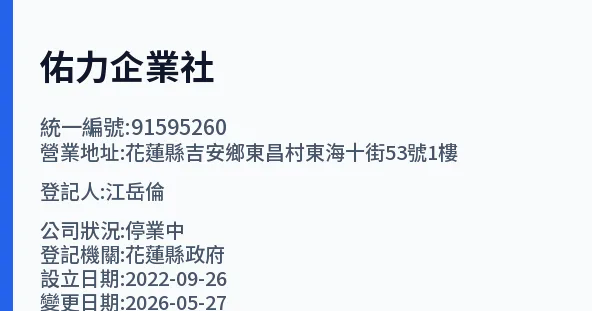 佑力企業社的照片-統編 91595260(花蓮縣) 公司登記資料與營業項目詳細圖表