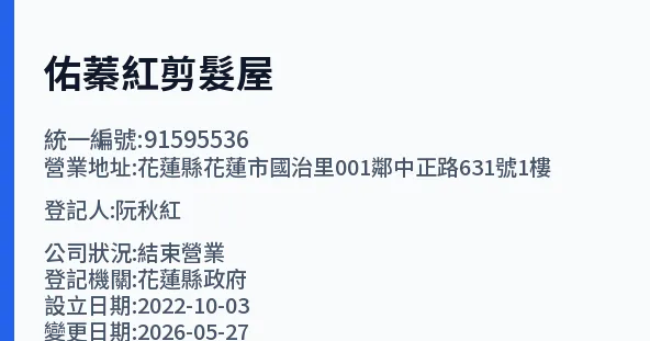 佑蓁紅剪髮屋的照片-統編 91595536(花蓮縣) 公司登記資料與營業項目詳細圖表