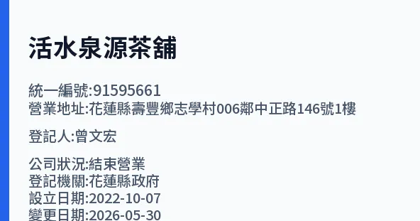 活水泉源茶舖的照片-統編 91595661(花蓮縣) 公司登記資料與營業項目詳細圖表
