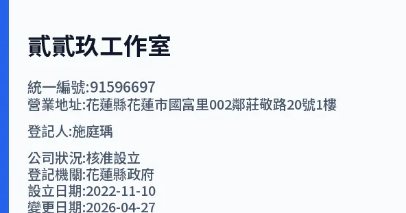貳貳玖工作室的照片-統編 91596697(花蓮縣) 公司登記資料與營業項目詳細圖表