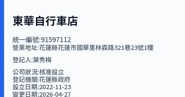 東華自行車店的照片-統編 91597112(花蓮縣) 公司登記資料與營業項目詳細圖表