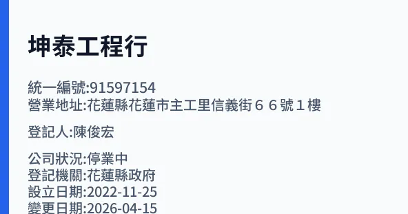 坤泰工程行的照片-統編 91597154(花蓮縣) 公司登記資料與營業項目詳細圖表