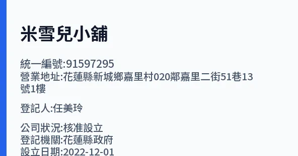 米雪兒小舖的照片-統編 91597295(花蓮縣) 公司登記資料與營業項目詳細圖表