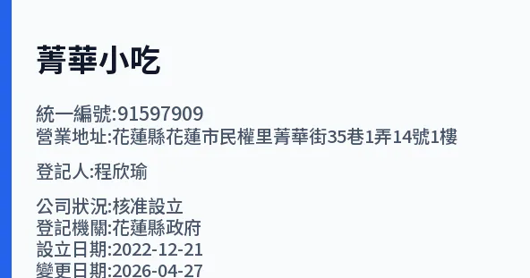 菁華小吃的照片-統編 91597909(花蓮縣) 公司登記資料與營業項目詳細圖表