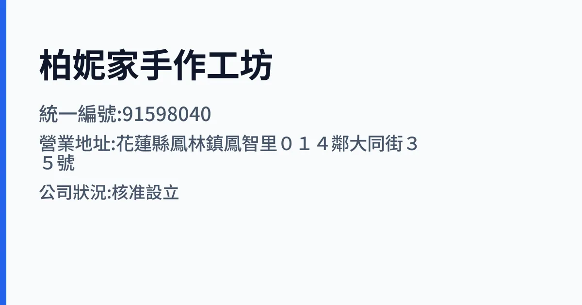 柏妮家手作工坊 - 統編 91598040(花蓮縣) 公司登記資料與營業項目詳細圖表