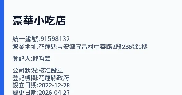 豪華小吃店的照片-統編 91598132(花蓮縣) 公司登記資料與營業項目詳細圖表