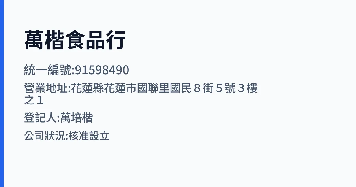萬楷食品行 - 統編 91598490(花蓮縣) 公司登記資料與營業項目詳細圖表