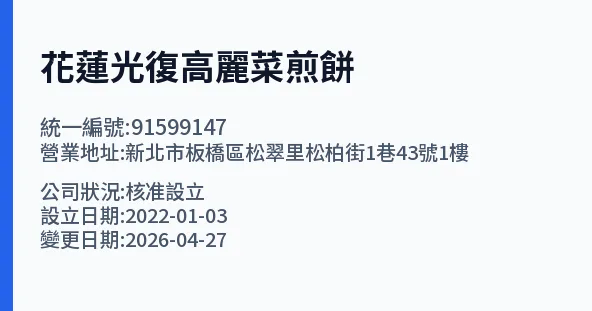 花蓮光復高麗菜煎餅的照片-統編 91599147(新北市) 公司登記資料與營業項目詳細圖表