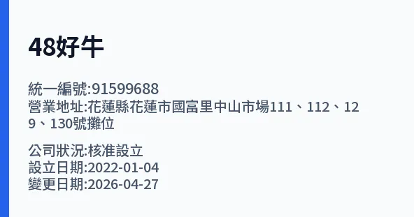 48好牛的照片-統編 91599688(花蓮縣) 公司登記資料與營業項目詳細圖表