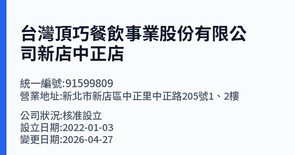台灣頂巧餐飲事業股份有限公司新店中正店的照片-統編 91599809(新北市) 公司登記資料與營業項目詳細圖表