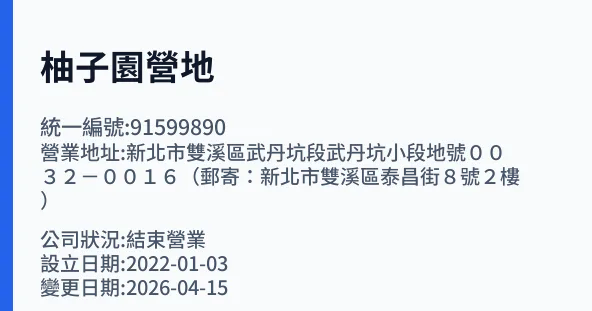柚子園營地的照片-統編 91599890(新北市) 公司登記資料與營業項目詳細圖表