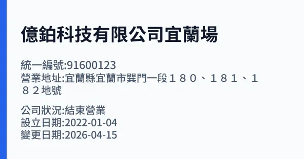 億鉑科技有限公司宜蘭場的照片-統編 91600123(宜蘭縣) 公司登記資料與營業項目詳細圖表