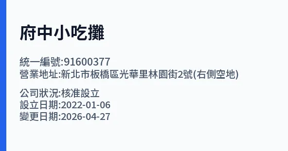 府中小吃攤的照片-統編 91600377(新北市) 公司登記資料與營業項目詳細圖表