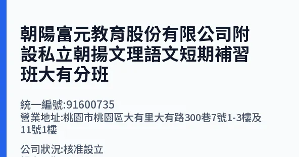 朝陽富元教育股份有限公司附設私立朝揚文理語文短期補習班大有分班的照片-統編 91600735(桃園市) 公司登記資料與營業項目詳細圖表