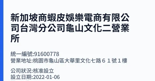 新加坡商蝦皮娛樂電商有限公司台灣分公司龜山文化二營業所的照片-統編 91600778(桃園市) 公司登記資料與營業項目詳細圖表