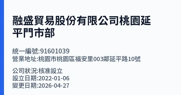 融盛貿易股份有限公司桃園延平門市部的照片-統編 91601039(桃園市) 公司登記資料與營業項目詳細圖表