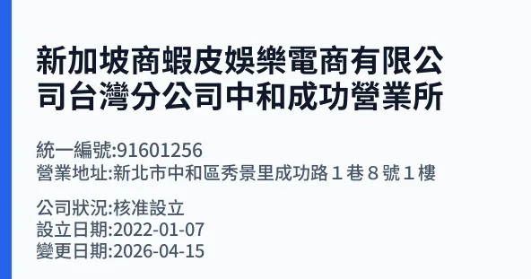 新加坡商蝦皮娛樂電商有限公司台灣分公司中和成功營業所的照片-統編 91601256(新北市) 公司登記資料與營業項目詳細圖表