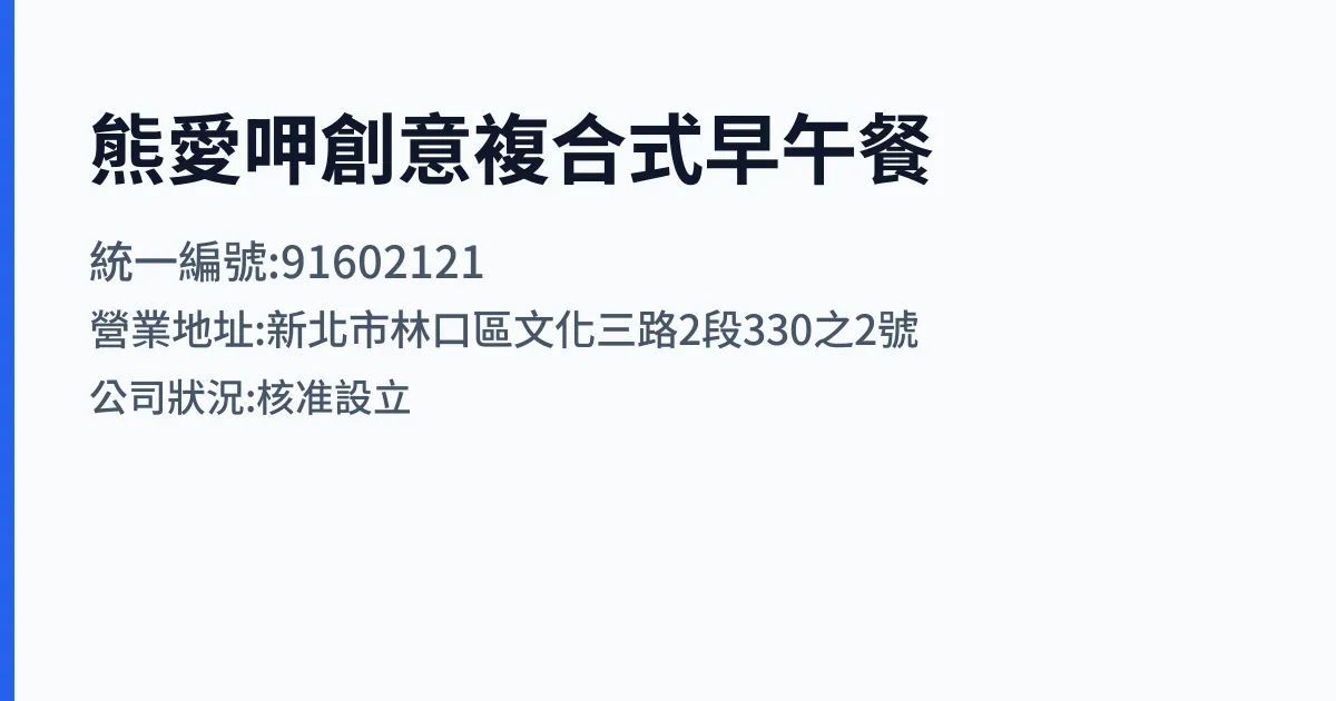 熊愛呷創意複合式早午餐 - 統編 91602121(新北市) 公司登記資料與營業項目詳細圖表