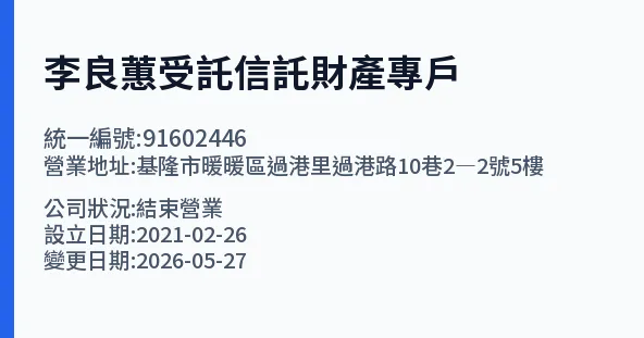 李良蕙受託信託財產專戶的照片-統編 91602446(基隆市) 公司登記資料與營業項目詳細圖表