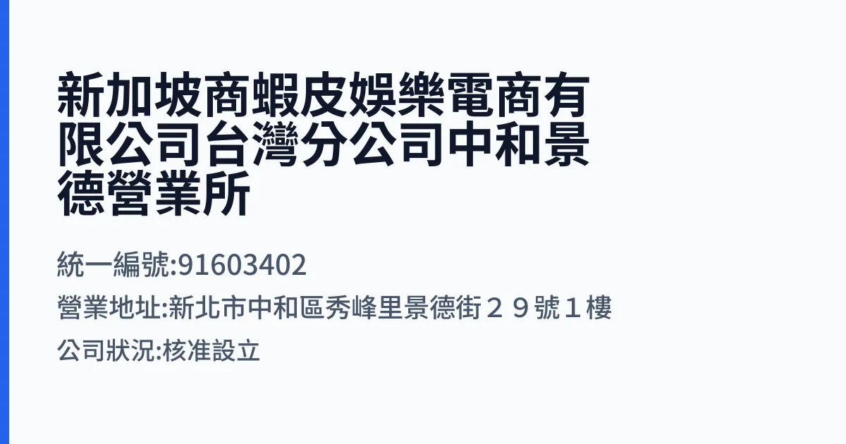 新加坡商蝦皮娛樂電商有限公司台灣分公司中和景德營業所 - 統編 91603402(新北市) 公司登記資料與營業項目詳細圖表