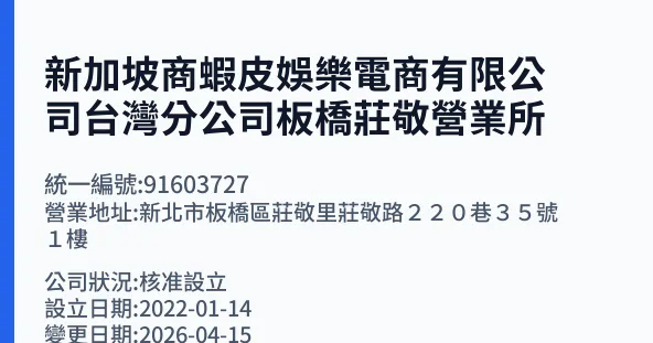 新加坡商蝦皮娛樂電商有限公司台灣分公司板橋莊敬營業所的照片-統編 91603727(新北市) 公司登記資料與營業項目詳細圖表