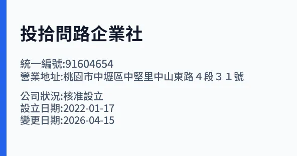 投拾問路企業社的照片-統編 91604654(桃園市) 公司登記資料與營業項目詳細圖表