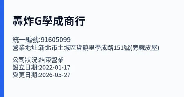 轟炸G學成商行的照片-統編 91605099(新北市) 公司登記資料與營業項目詳細圖表