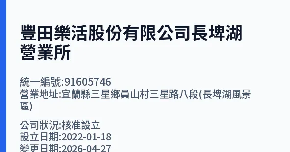 豐田樂活股份有限公司長埤湖營業所的照片-統編 91605746(宜蘭縣) 公司登記資料與營業項目詳細圖表