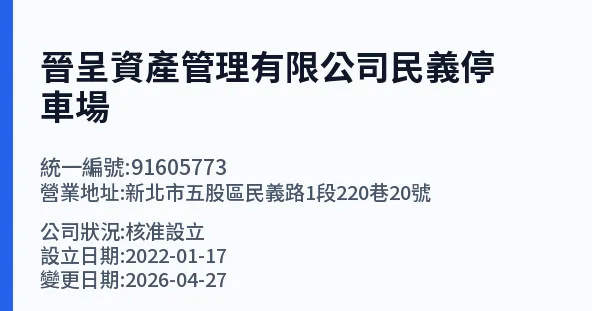 晉呈資產管理有限公司民義停車場的照片-統編 91605773(新北市) 公司登記資料與營業項目詳細圖表