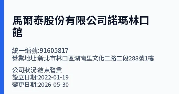 馬爾泰股份有限公司諾瑪林口館的照片-統編 91605817(新北市) 公司登記資料與營業項目詳細圖表