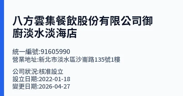 八方雲集餐飲股份有限公司御廚淡水淡海店的照片-統編 91605990(新北市) 公司登記資料與營業項目詳細圖表