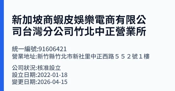 新加坡商蝦皮娛樂電商有限公司台灣分公司竹北中正營業所的照片-統編 91606421(新竹縣) 公司登記資料與營業項目詳細圖表