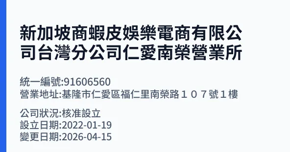 新加坡商蝦皮娛樂電商有限公司台灣分公司仁愛南榮營業所的照片-統編 91606560(基隆市) 公司登記資料與營業項目詳細圖表