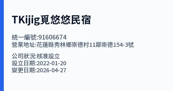 TKijig覓悠悠民宿的照片-統編 91606674(花蓮縣) 公司登記資料與營業項目詳細圖表