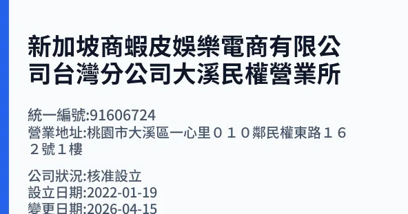 新加坡商蝦皮娛樂電商有限公司台灣分公司大溪民權營業所的照片-統編 91606724(桃園市) 公司登記資料與營業項目詳細圖表