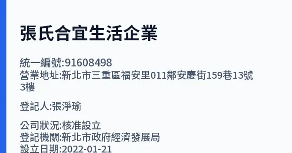 張氏合宜生活企業的照片-統編 91608498(新北市) 公司登記資料與營業項目詳細圖表