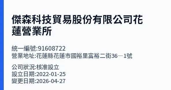 傑森科技貿易股份有限公司花蓮營業所的照片-統編 91608722(花蓮縣) 公司登記資料與營業項目詳細圖表