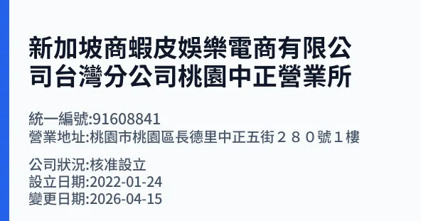 新加坡商蝦皮娛樂電商有限公司台灣分公司桃園中正營業所的照片-統編 91608841(桃園市) 公司登記資料與營業項目詳細圖表