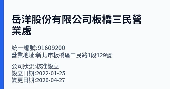 岳洋股份有限公司板橋三民營業處的照片-統編 91609200(新北市) 公司登記資料與營業項目詳細圖表