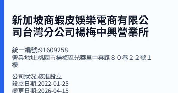 新加坡商蝦皮娛樂電商有限公司台灣分公司楊梅中興營業所的照片-統編 91609258(桃園市) 公司登記資料與營業項目詳細圖表