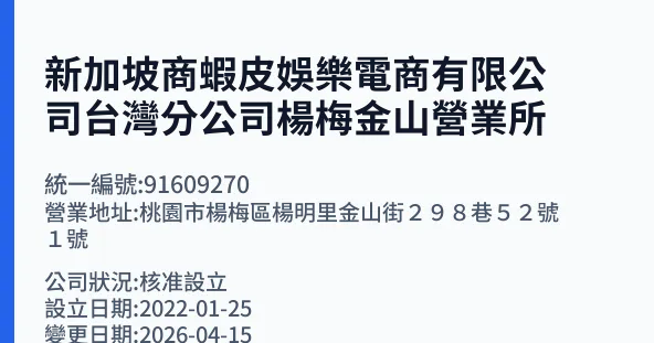 新加坡商蝦皮娛樂電商有限公司台灣分公司楊梅金山營業所的照片-統編 91609270(桃園市) 公司登記資料與營業項目詳細圖表