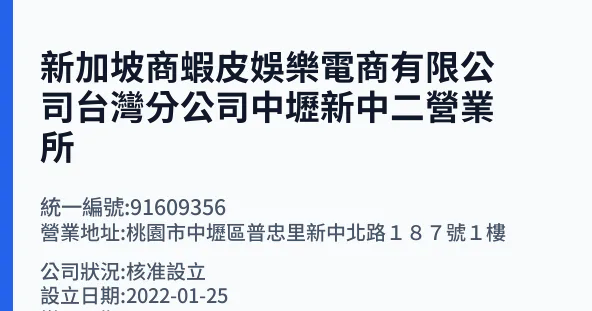 新加坡商蝦皮娛樂電商有限公司台灣分公司中壢新中二營業所的照片-統編 91609356(桃園市) 公司登記資料與營業項目詳細圖表