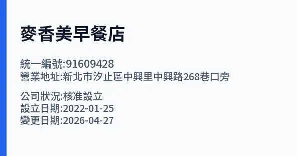 麥香美早餐店的照片-統編 91609428(新北市) 公司登記資料與營業項目詳細圖表