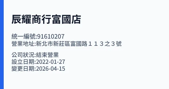辰耀商行富國店的照片-統編 91610207(新北市) 公司登記資料與營業項目詳細圖表