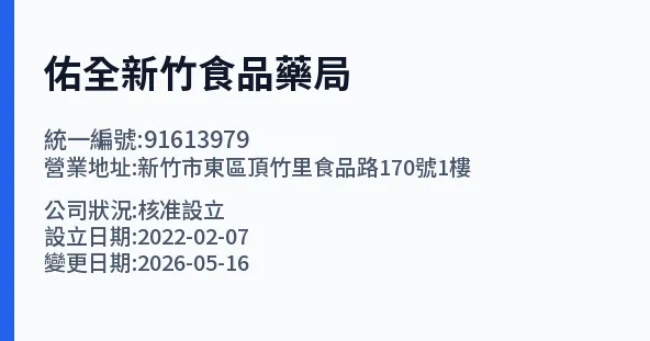 佑全新竹食品藥局的照片-統編 91613979(新竹市) 公司登記資料與營業項目詳細圖表