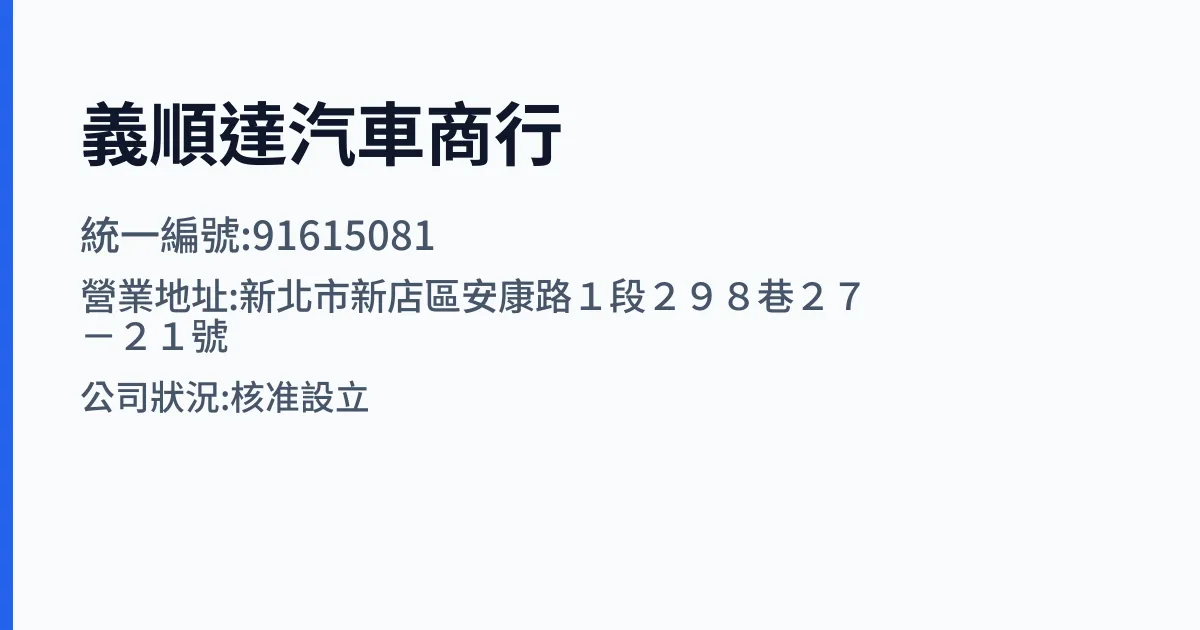 義順達汽車商行 - 統編 91615081(新北市) 公司登記資料與營業項目詳細圖表
