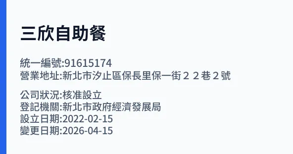 三欣自助餐的照片-統編 91615174(新北市) 公司登記資料與營業項目詳細圖表